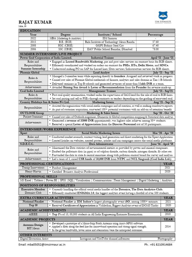 IIM Sirmaur Rajat Kumar CV | PDF