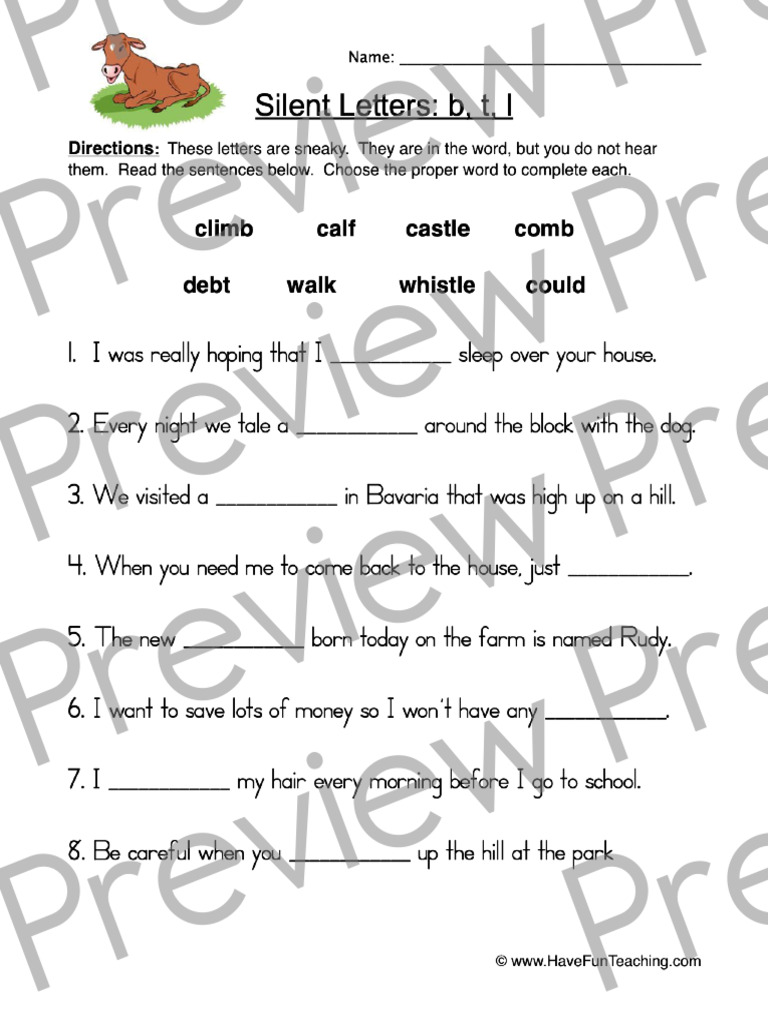 Silent Letters B T L Worksheet 1 Preview | PDF