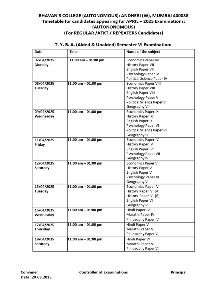Revised Aided Autonomous Time Table Sem 6 REGULAR & ATKT BA BSC BCom APRIL 2025.v01 | PDF | Science