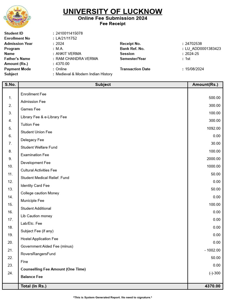 ANKIT VERMA Fee Receipt - 1st Semester | PDF | Payments | Money