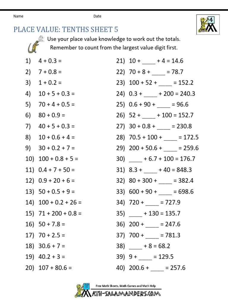 Place Value Tenths 5 | PDF