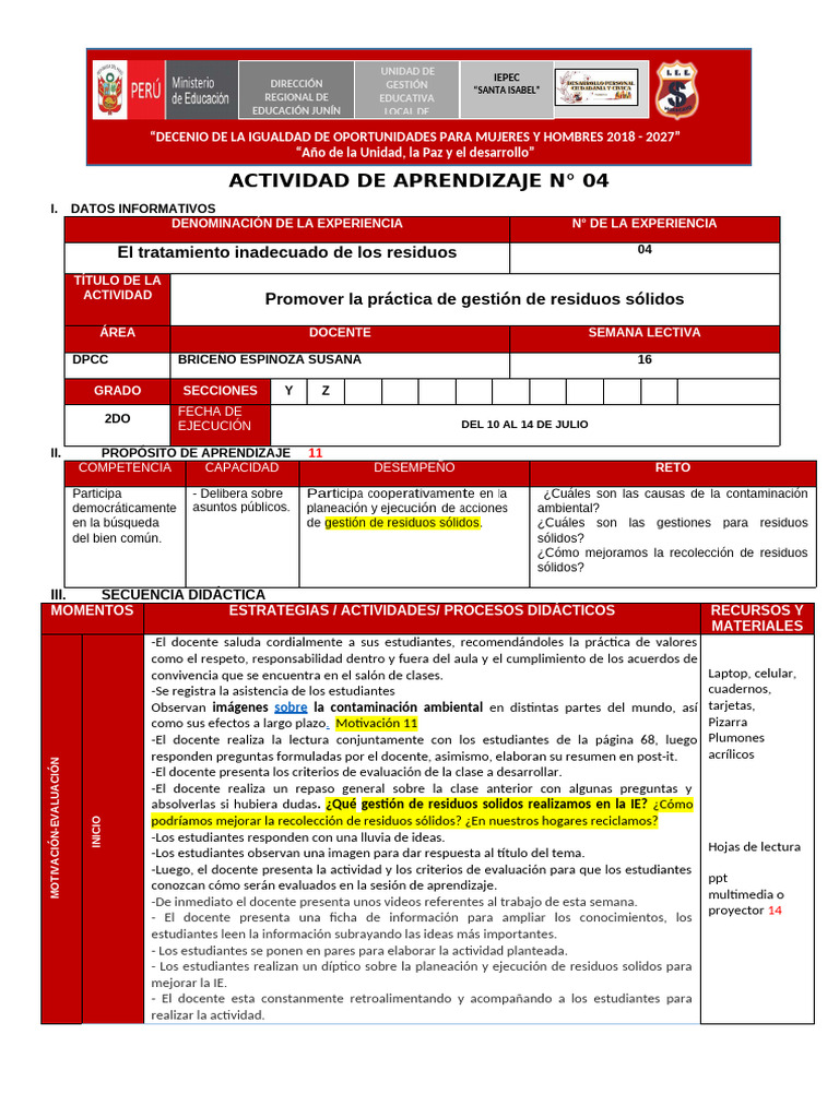 Actividad de Aprendizaje 04 - Experiencia 4 - DPCC 2023 | PDF | Residuos | Gestión de residuos