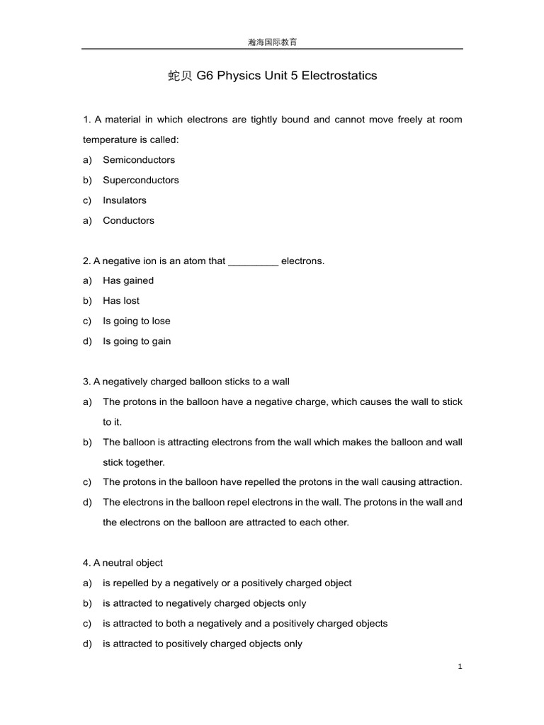 Electrostatics Benchmark MCQ ANSWER | PDF | Electric Charge | Electron