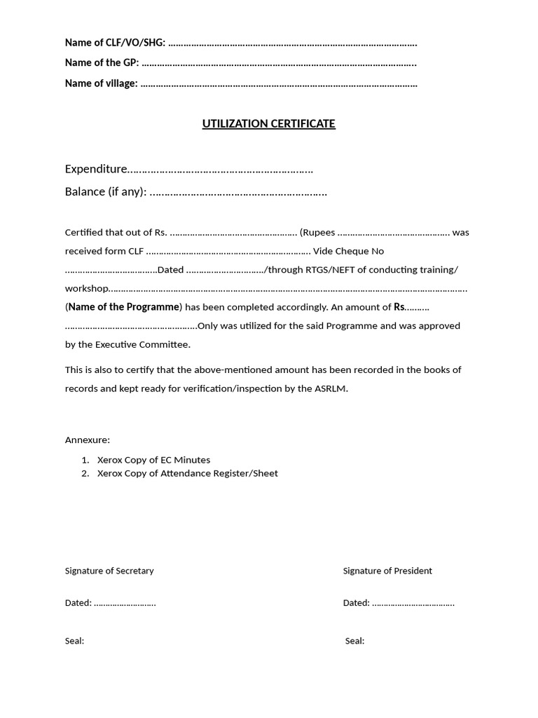 Utilization Certificate Template | PDF