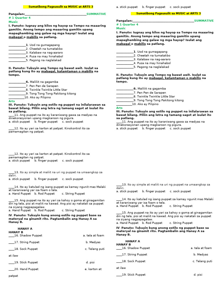 Music and Arts - Summative #1-Q4 | PDF
