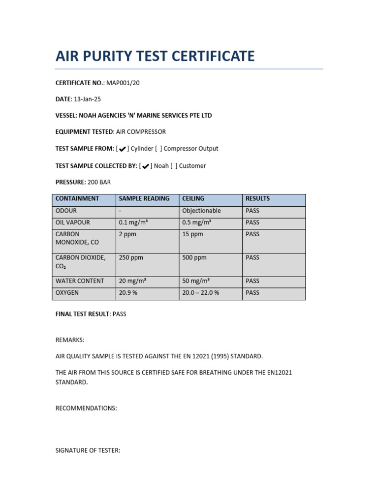 Air Purity Test Certificate BA Compressor | PDF