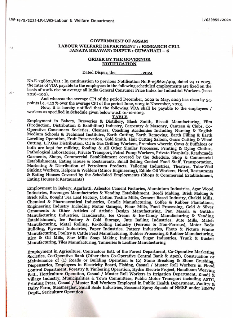 The Assam Minimum Wages Notification Dec 2023 | PDF