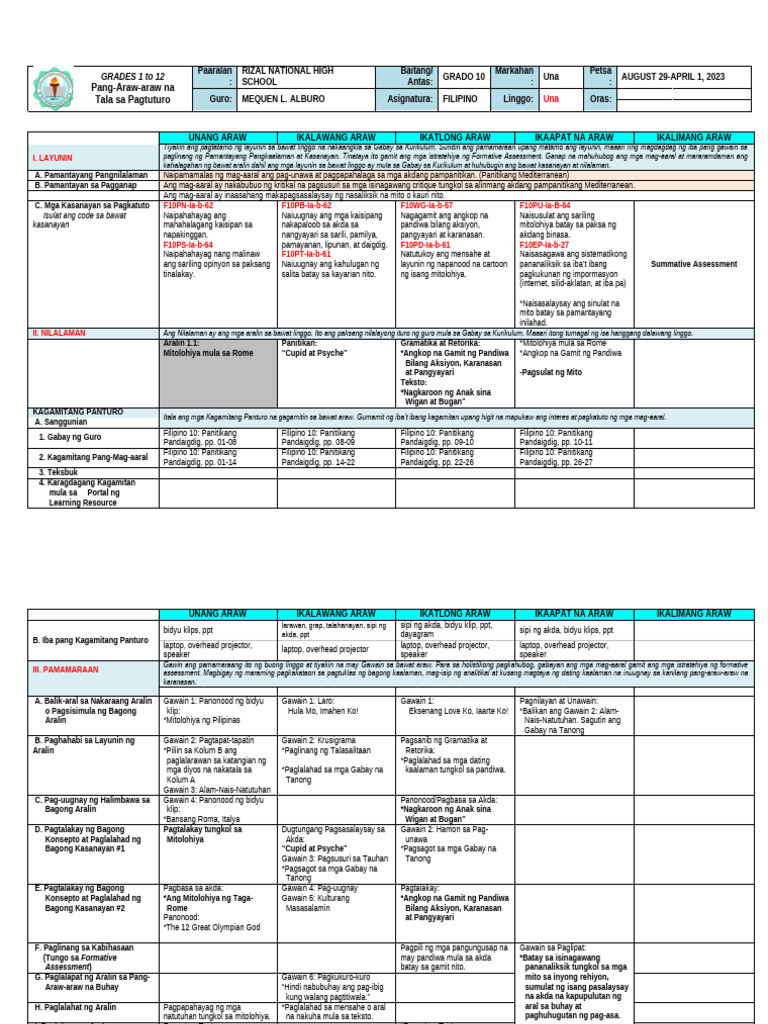 1 DLL IN FILIPINO 10. Aralin 1.1 | PDF