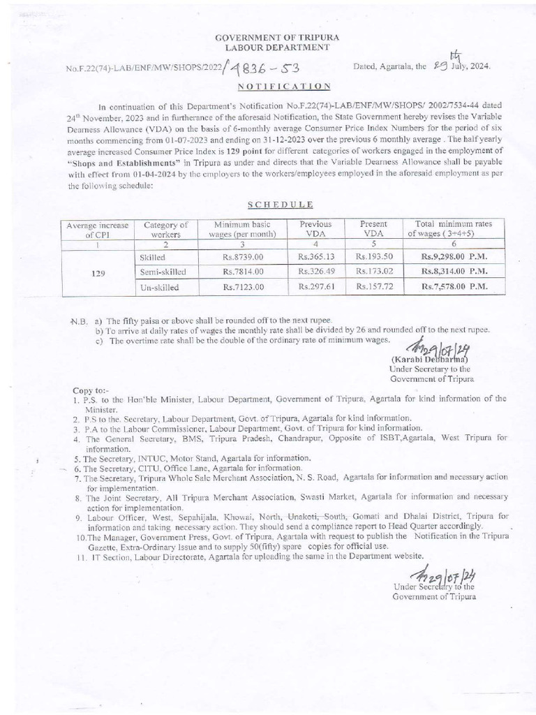Tripura Minimum Wages Update 2024 | PDF | Employment Compensation ...