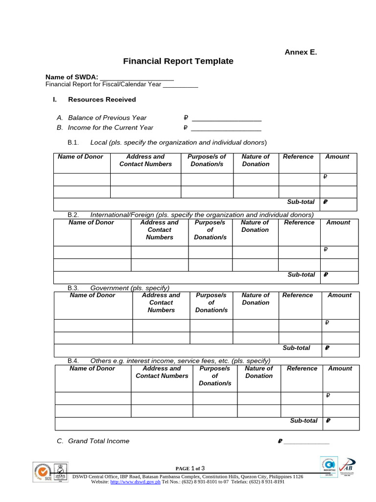 Annex E. Financial Report Template RSIDG | PDF | Expense | Fundraising