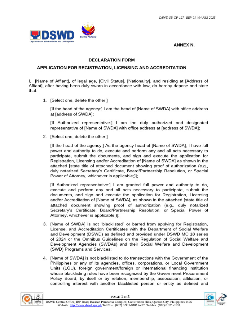 Annex N. DSWD SB GF 127 Rla Declaration Form Rsidg | PDF | Affidavit | Justice