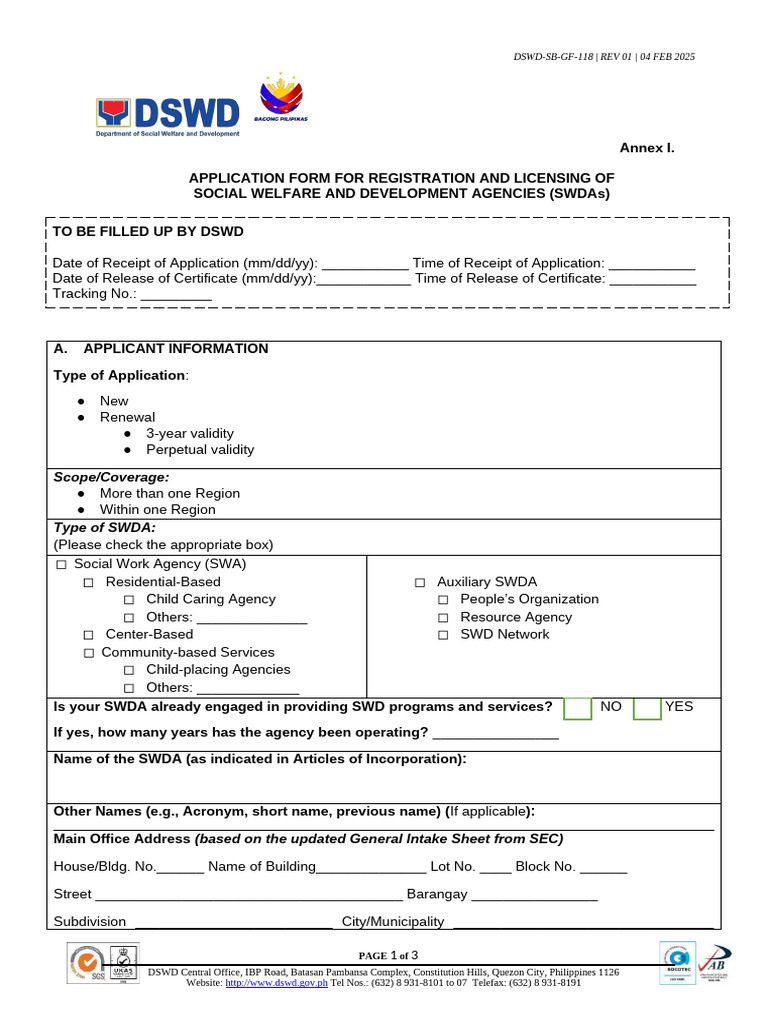 Annex I. DSWD SB GF 118 Application Form For Registration and Licensing RSIDG | PDF