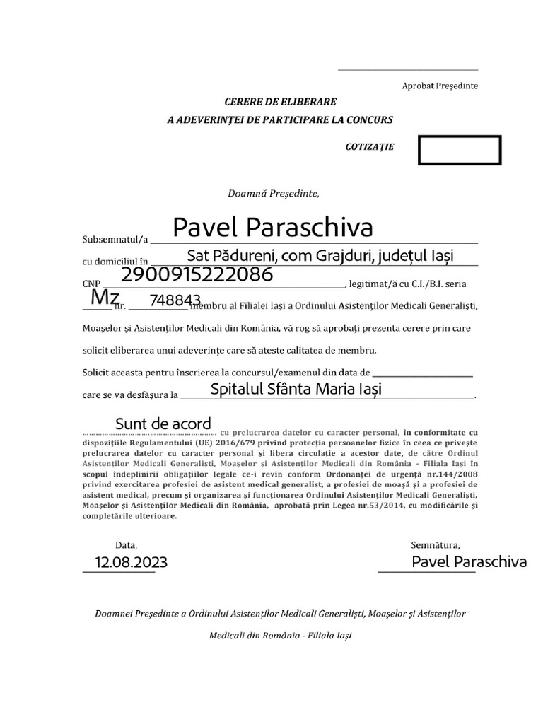 03 Cerere de Eliberare Adeverinta de Concurs | PDF