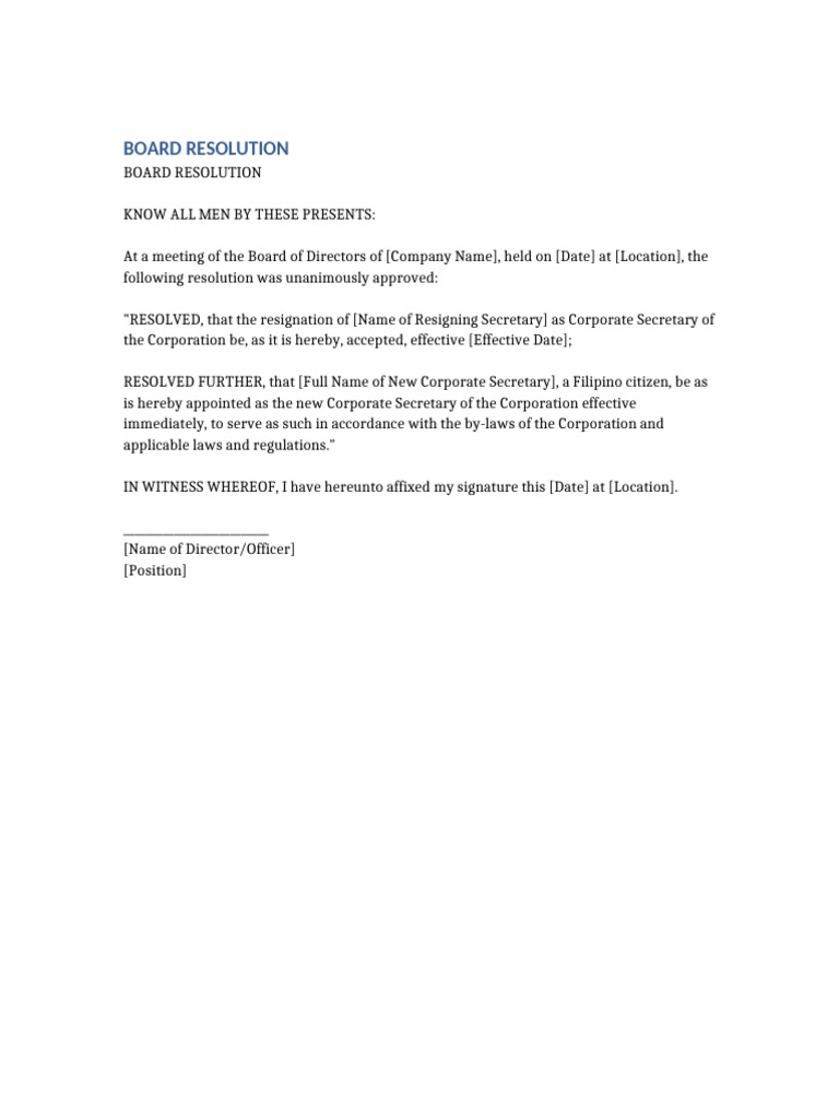 Board Resolution for Secretary Change | PDF