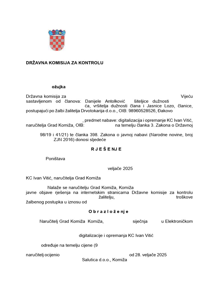 Republika Hrvatska Državna Komisija Za Kontrolu Postupaka Javne Nabave KLASA: UP/II-034-02/25-01 ...