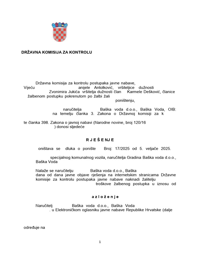 Republika Hrvatska Državna Komisija Za Kontrolu Postupaka Javne Nabave KLASA: UP/II-034-02/25-01 ...