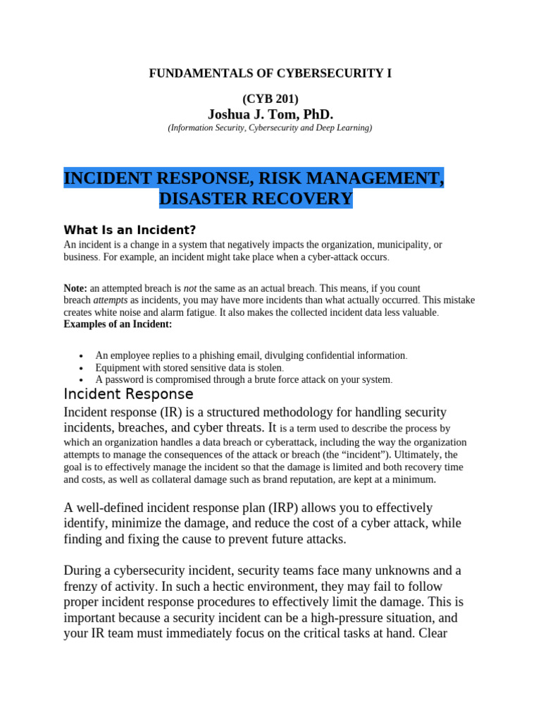 Incident Response, Risk Management, Disaster Recovery | PDF | Computer ...