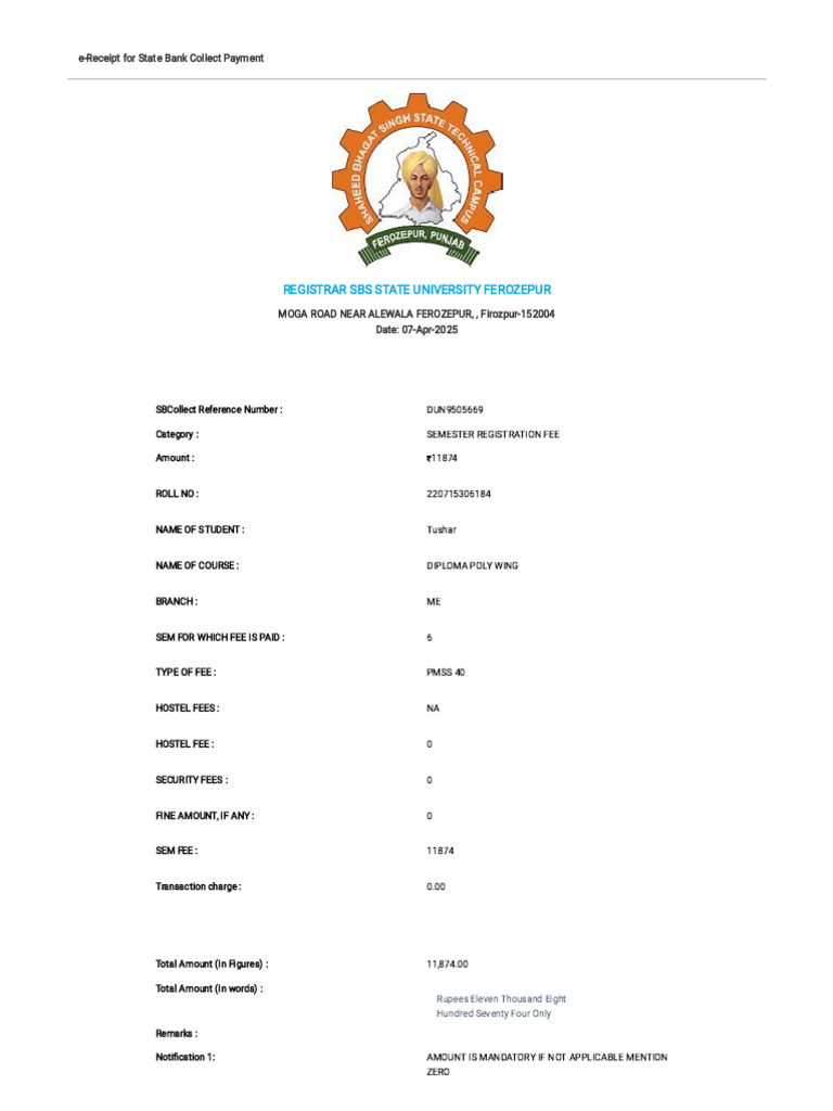 Tushar 6th Sem Fees | PDF