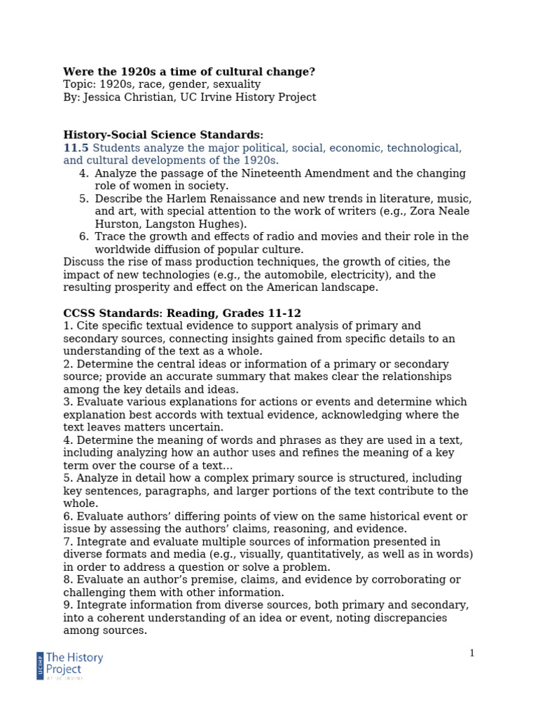 Cultural Changes in the 1920s | PDF