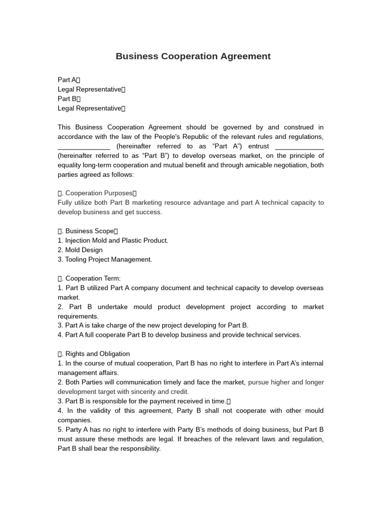 Business Cooperation Agreement Template | PDF | Arbitration | Private Law