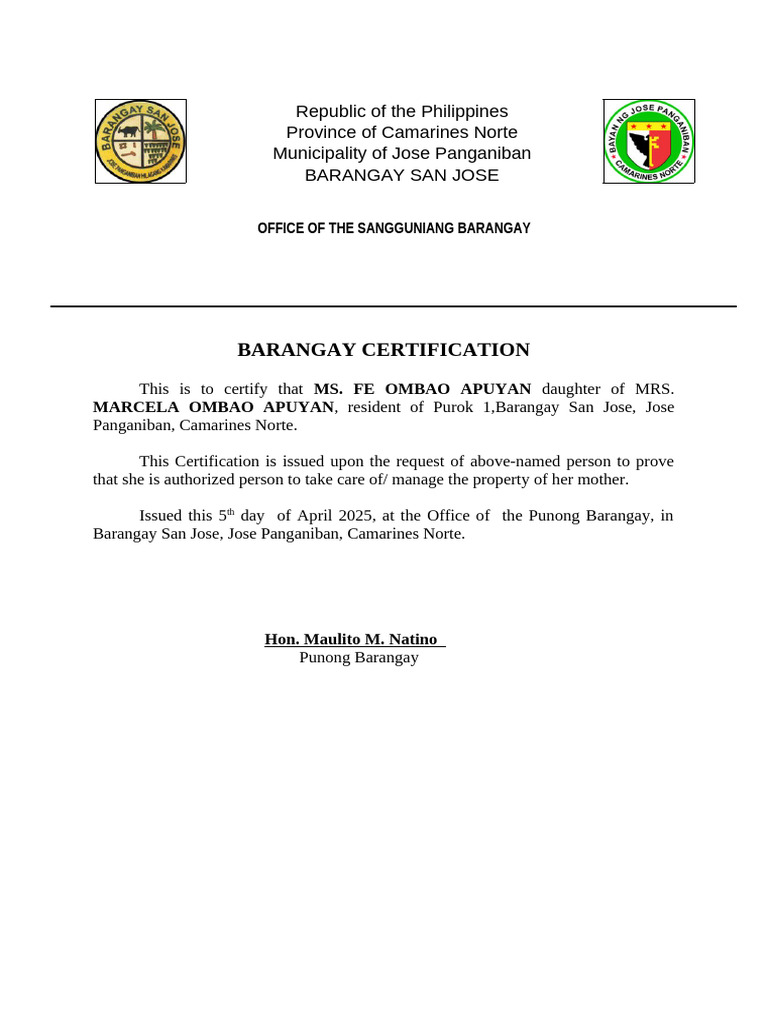 Barangay Certification of Authorization | PDF