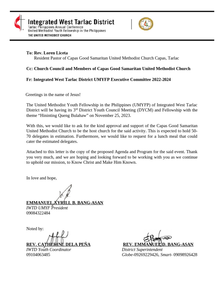 3rd DYCM - Letter of Approval To The Host Church | PDF | United ...