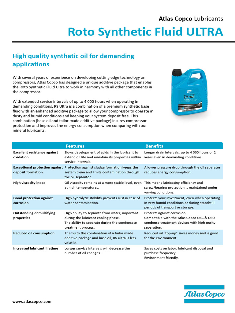 Atlas Copco Roto Synthetic Fluid Ultra | PDF | Lubricant | Motor Oil