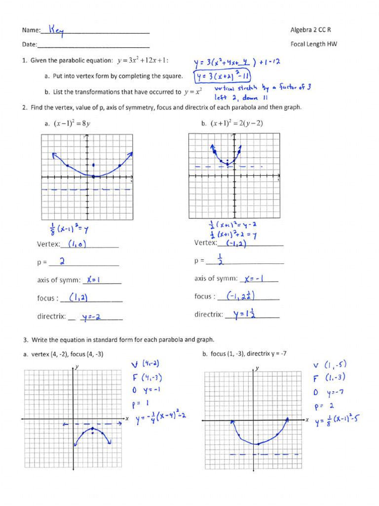 2.1 HW Solutions Writing Equations of Parabolas Using Focus and ...