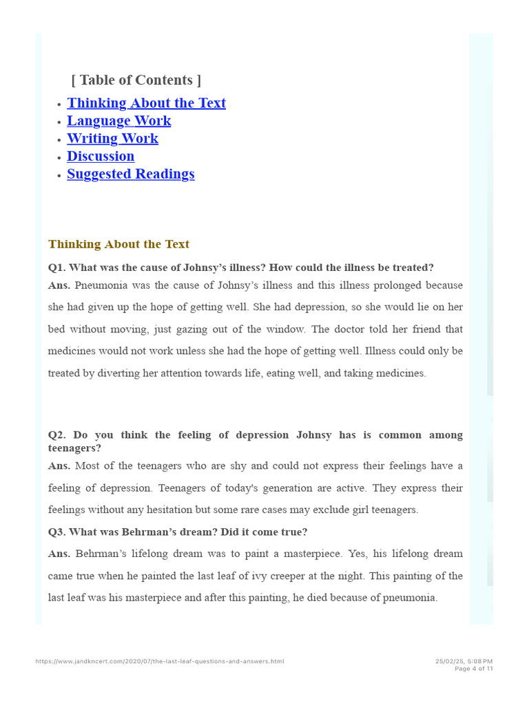 The Last Leaf: Key Questions & Answers | PDF