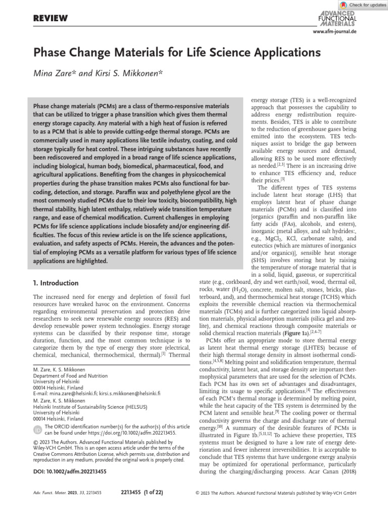 Adv Funct Materials - 2023 - Zare - Phase Change Materials For Life Science Applications | PDF ...