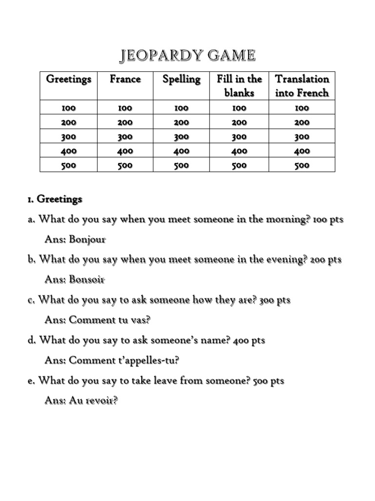 French Jeopardy Quiz Questions | PDF