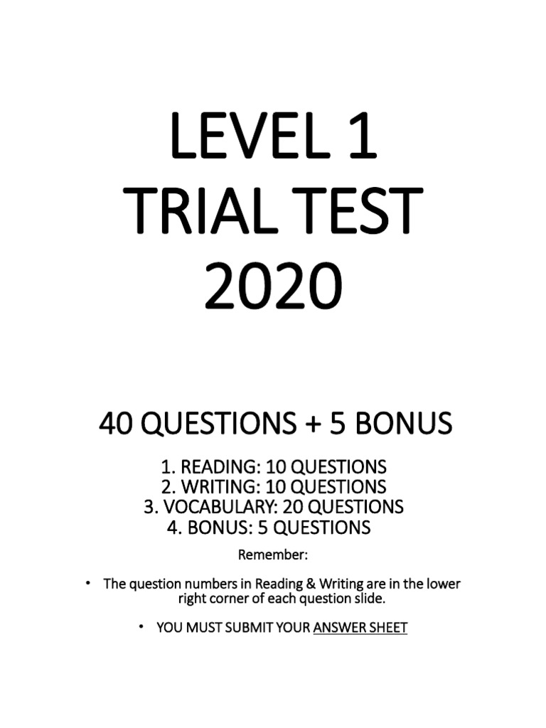 Level 1 Trial Test 2020 COMPLETE-1 | PDF