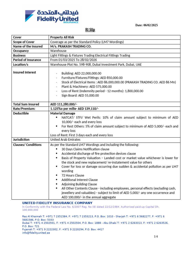 Prakash Trading Insurance Coverage Details | PDF | Insurance