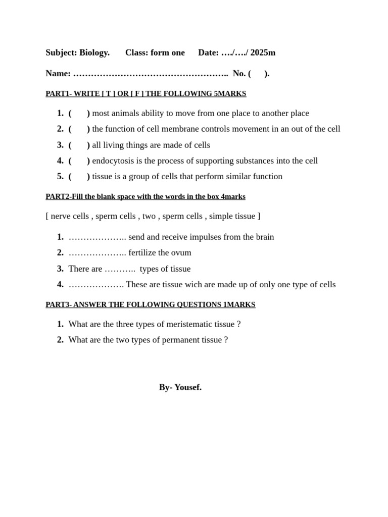 Form One Biology Worksheet | PDF