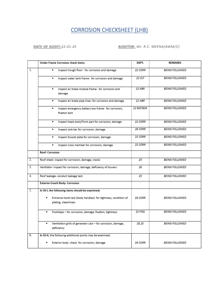 CORROSION CHECKSHEET LHB | PDF | Building Engineering