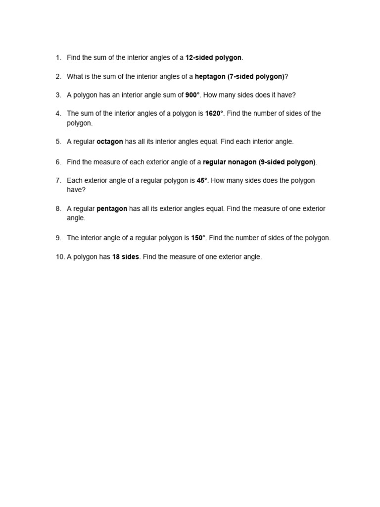 Worksheet On Interior & Exterior Angles of Polygons G8 | PDF
