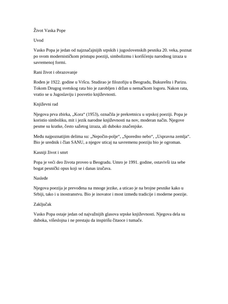 Zivot Vasko Popa | PDF