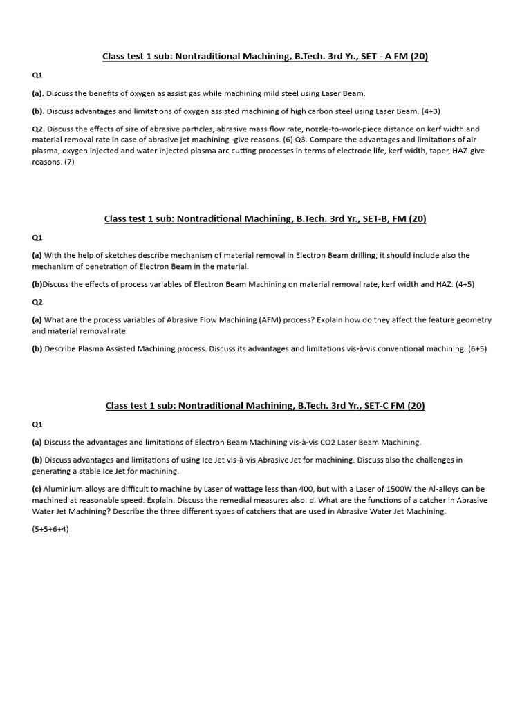 Nontraditional Machining Class Test Questions | PDF