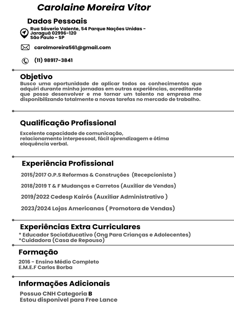Currículo Carolaine Moreira Vitor 2025 | PDF