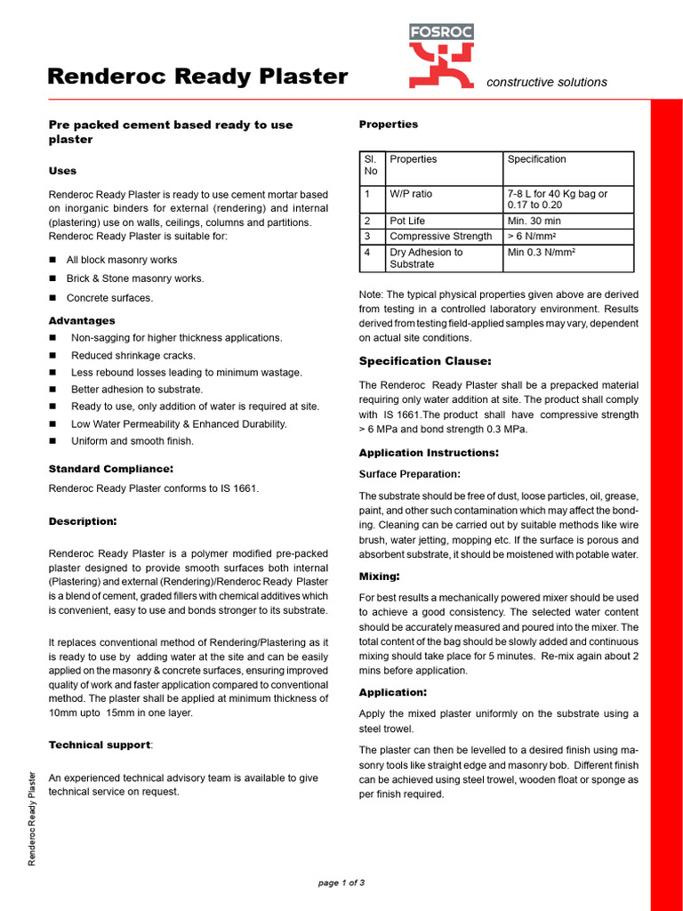 TDS Renderoc Ready Plaster India | PDF | Plaster | Concrete