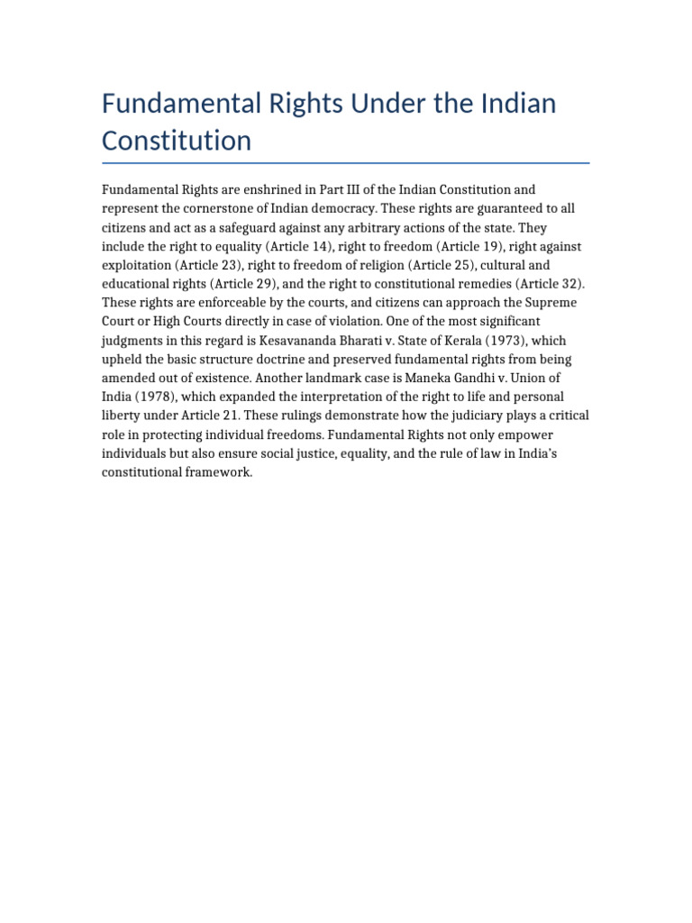 Fundamental Rights Under the Indian Constitution | PDF