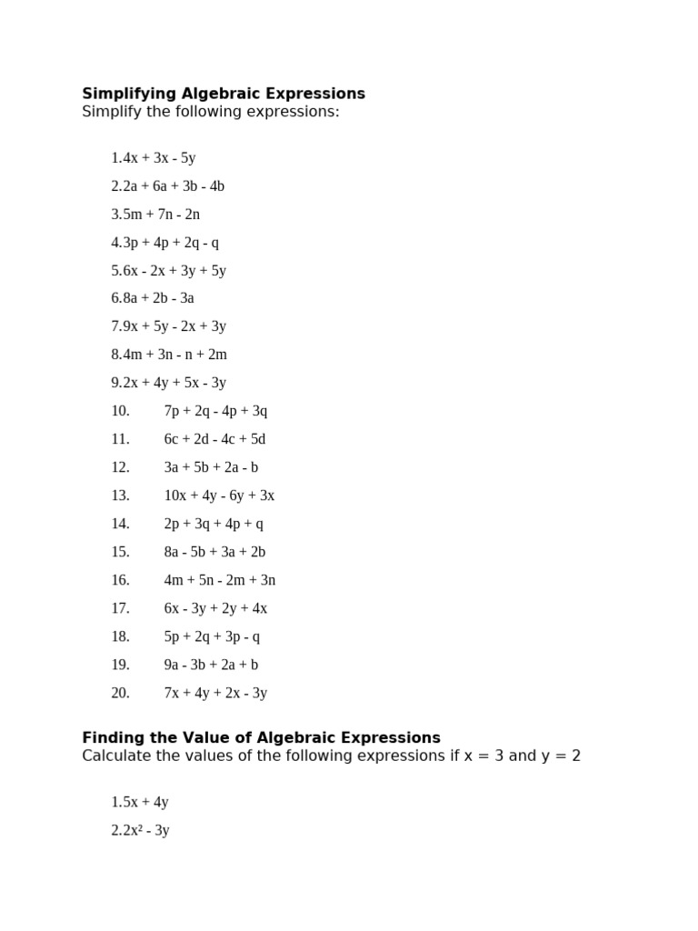 Basic Algebra Worksheet | PDF