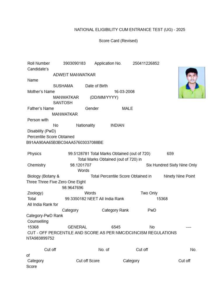 753934300-NEET-Scorecard | PDF | Student Assessment And Evaluation ...