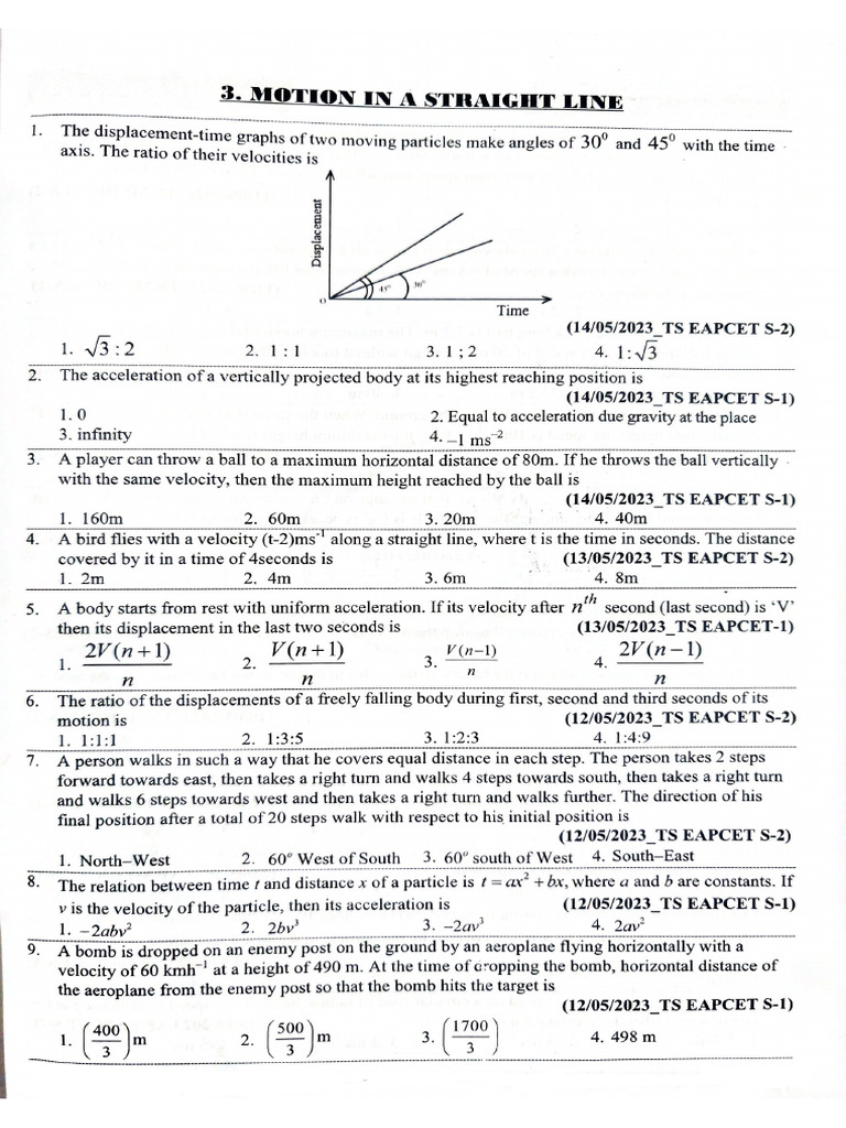 Motion in Stright Line Pyq | PDF