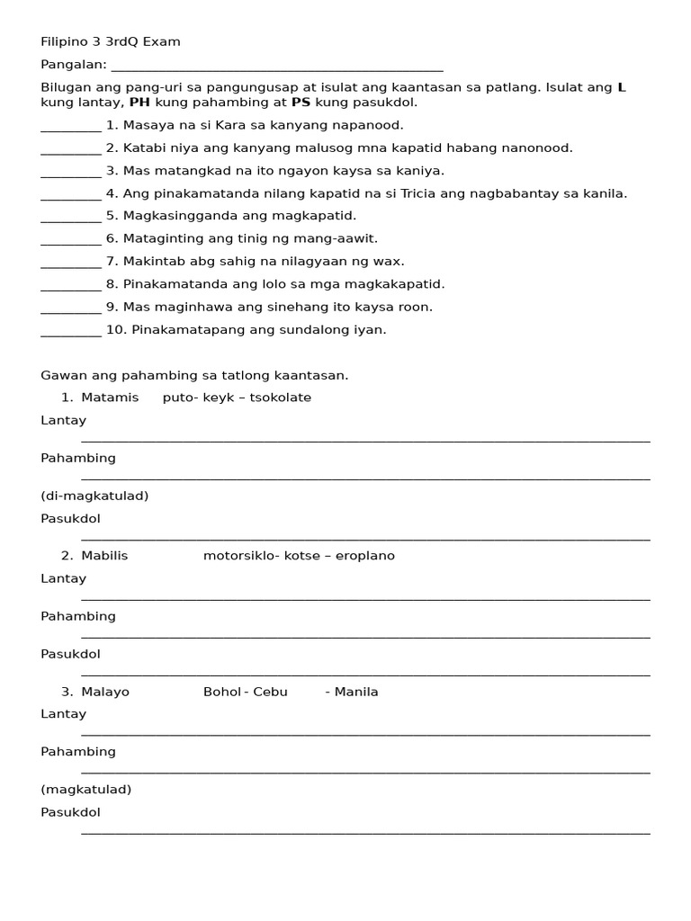 Filipino 3 3rdQ Exam | PDF