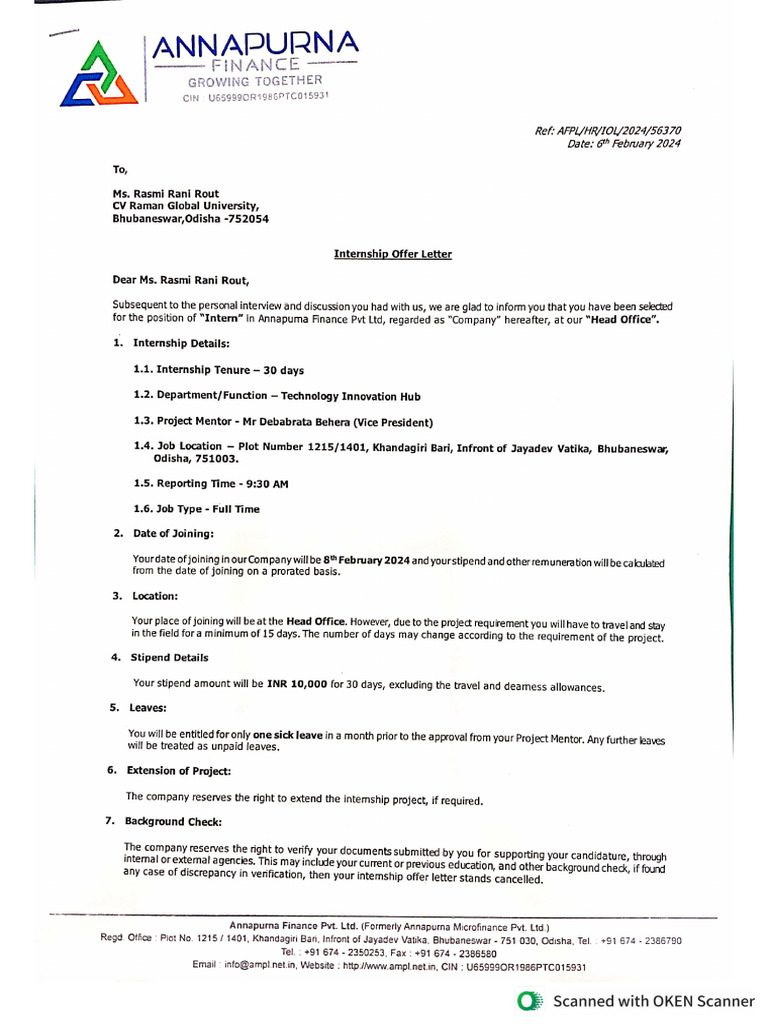 Rasmi Rani Rout - Offer Letter | PDF