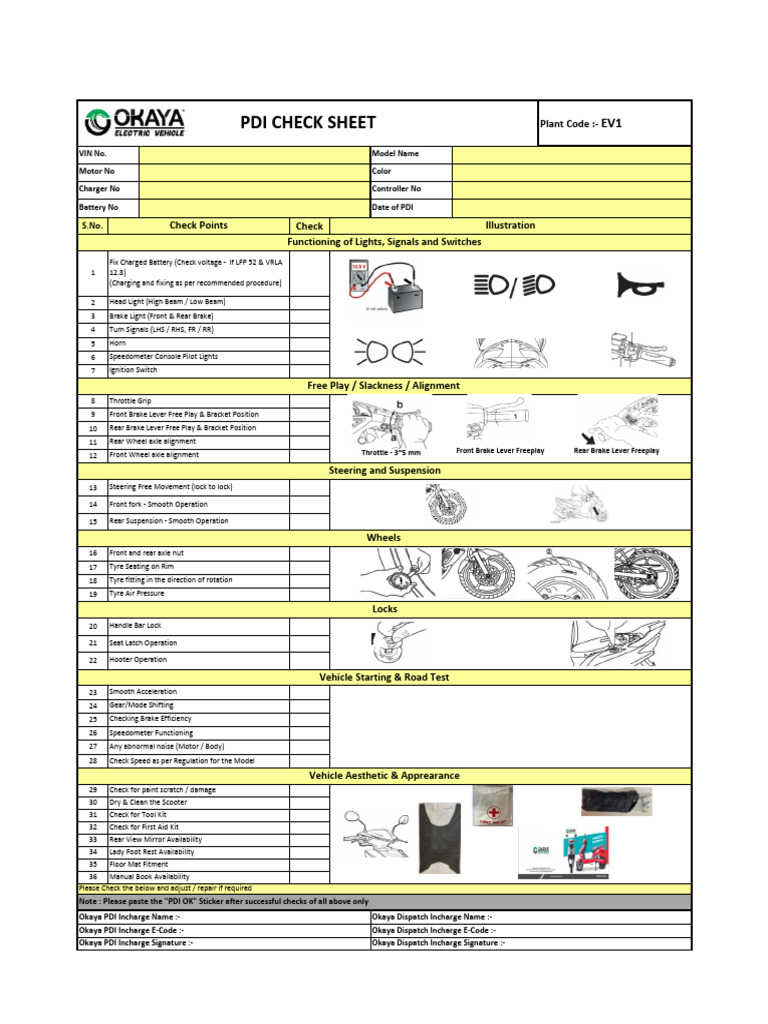 New PDI Check Sheet - For EV Plant | PDF | Brake | Steering
