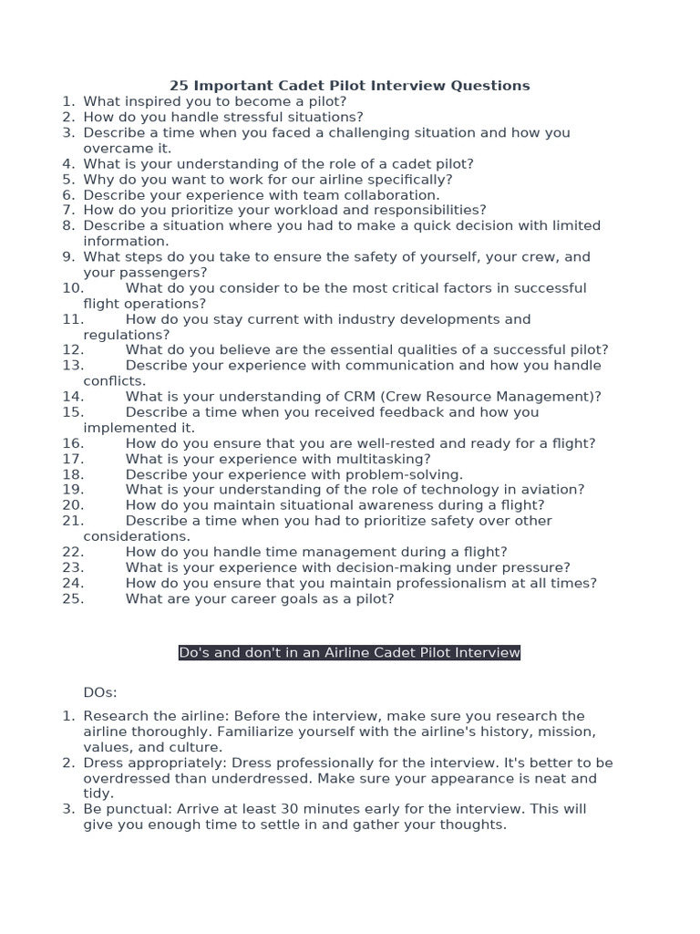 25 Important Cadet Pilot Interview Questions | PDF | Aviation