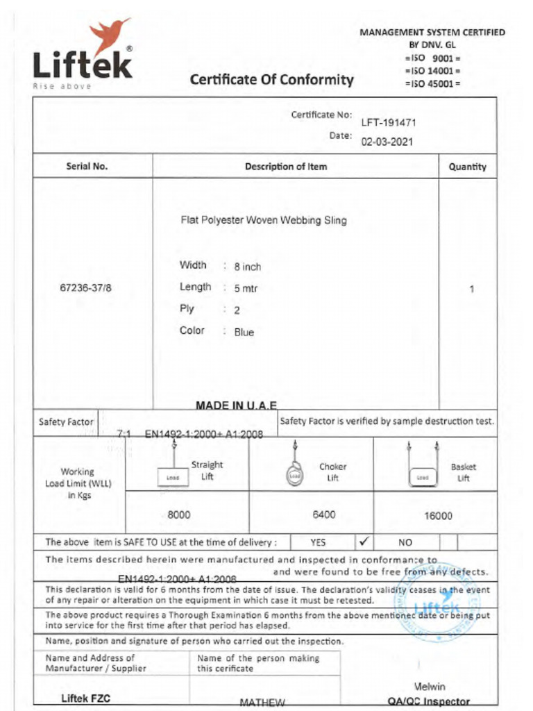 LFT-191471 Lifting Accessories Certificate | PDF