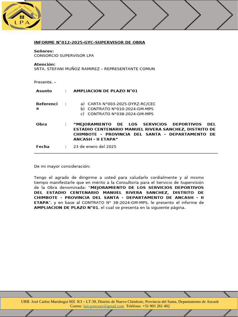 Informe Tecnico #12-2025 - Gyc Conformidad de Ampliacion de Plazo N°01 | PDF